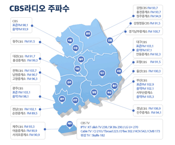 전국 CBS 라디오 주파수 및 편성표 | 표준FM 음악FM - TIPMAD