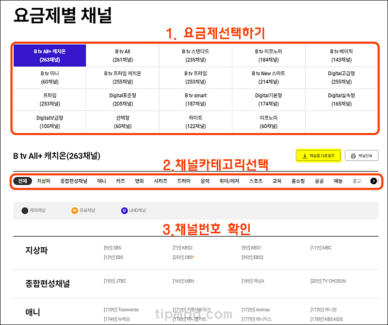 SK BTV 채널번호 및 채널 편성표 요약 (요금제별 채널 정보) - TIPMAD